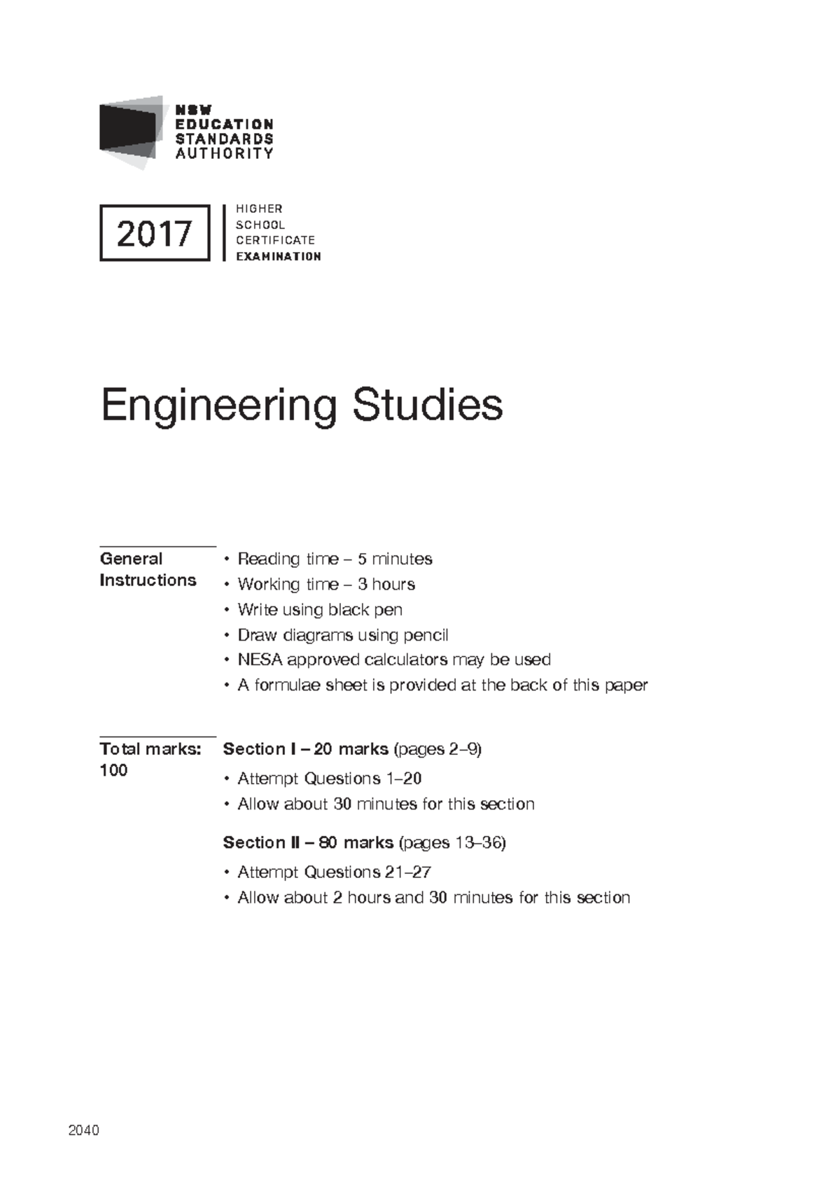 2017 HSC Engineering Studies Exam Instructions and Questions - Studocu