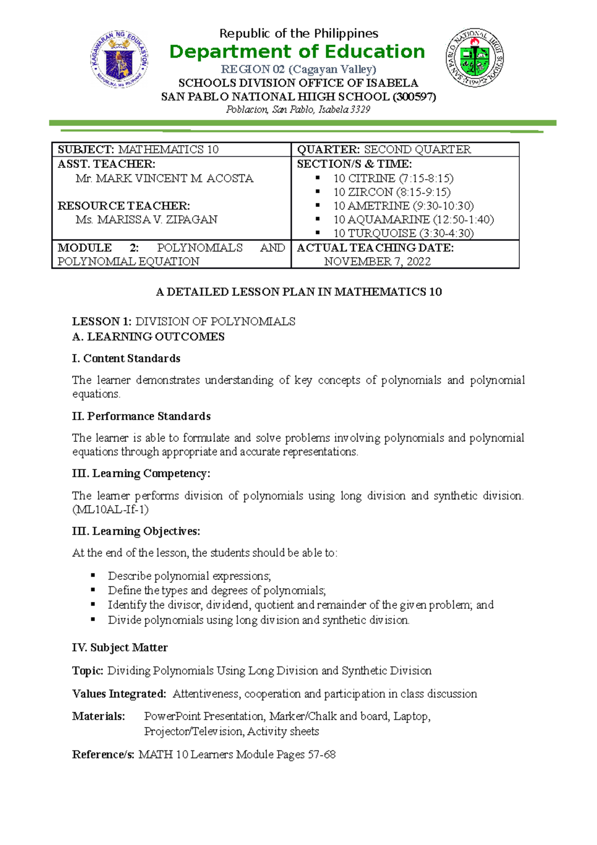 Mathematics 10: Detailed Lesson Plan on Division of Polynomials - Studocu
