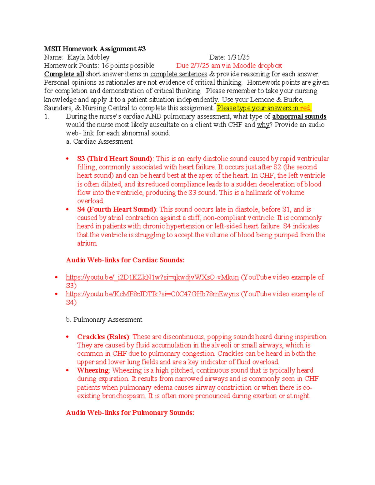 MSII Homework Assignment: Cardiac & Pulmonary Assessment Insights - Studocu