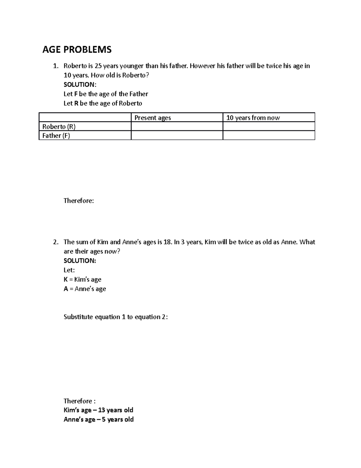 AGE Word Problems Part 1 - AGE PROBLEMS Roberto is 25 years younger ...