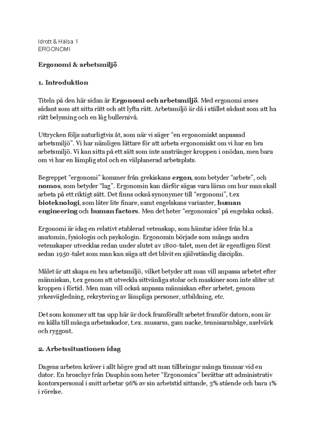 Idrott & Hälsa 1: Ergonomi och Arbetsmiljö - En Introduktion - Studocu