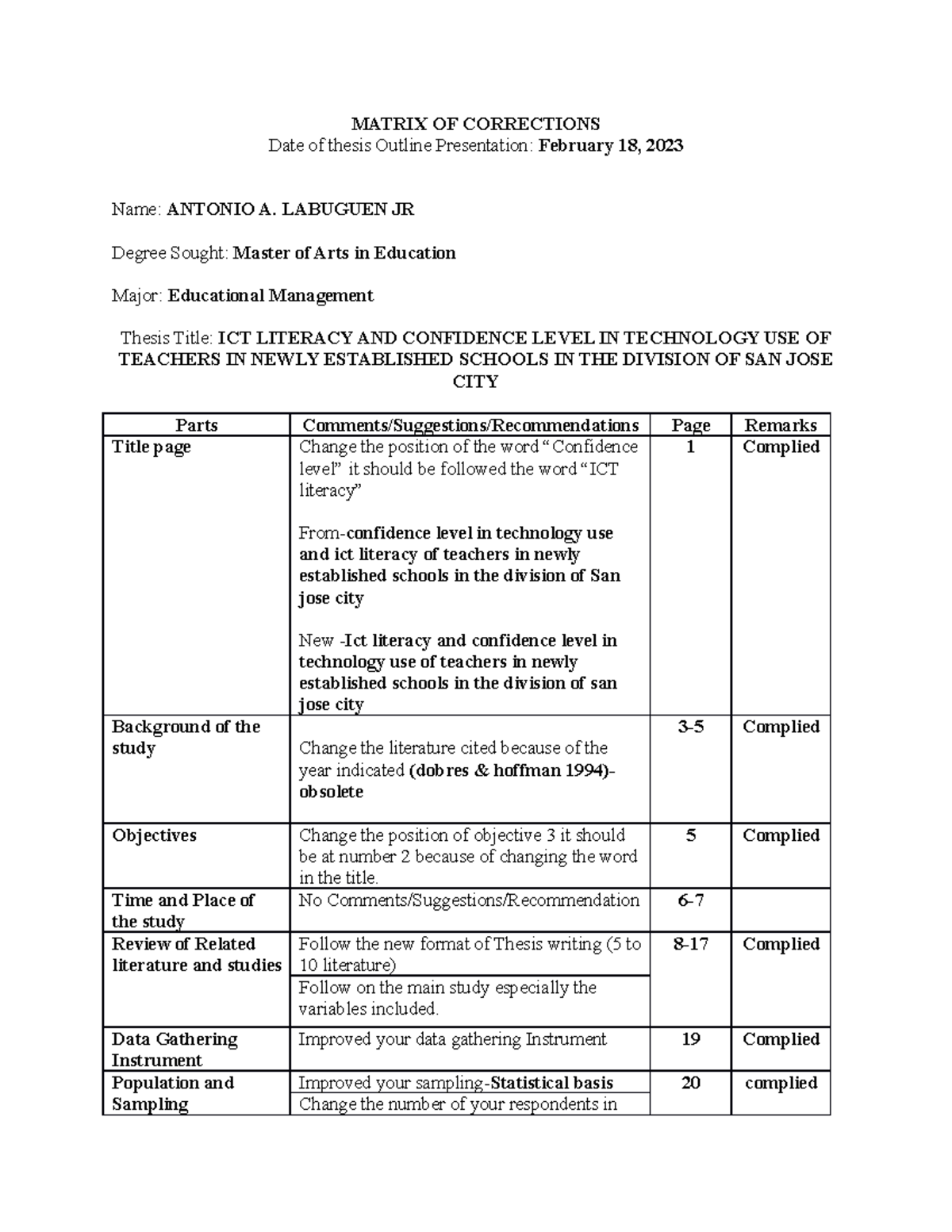 Matrix-OF- Corrections - MATRIX OF CORRECTIONS Date of thesis Outline ...