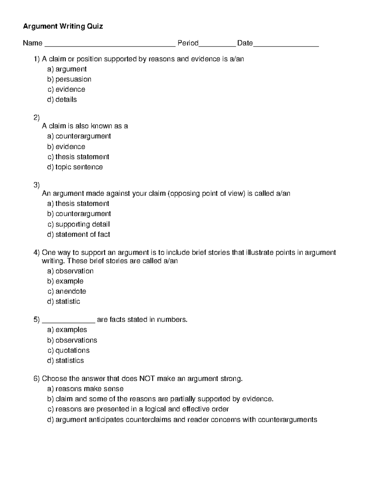 Argument Writing Quiz: Key Concepts and Questions - Studocu