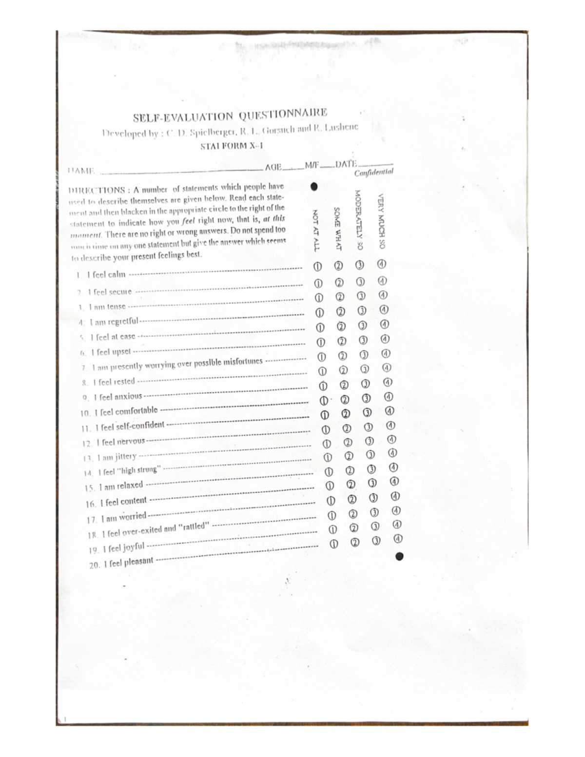 STAI Questionnaire for Self-Evaluation: Assessment Tool - Studocu