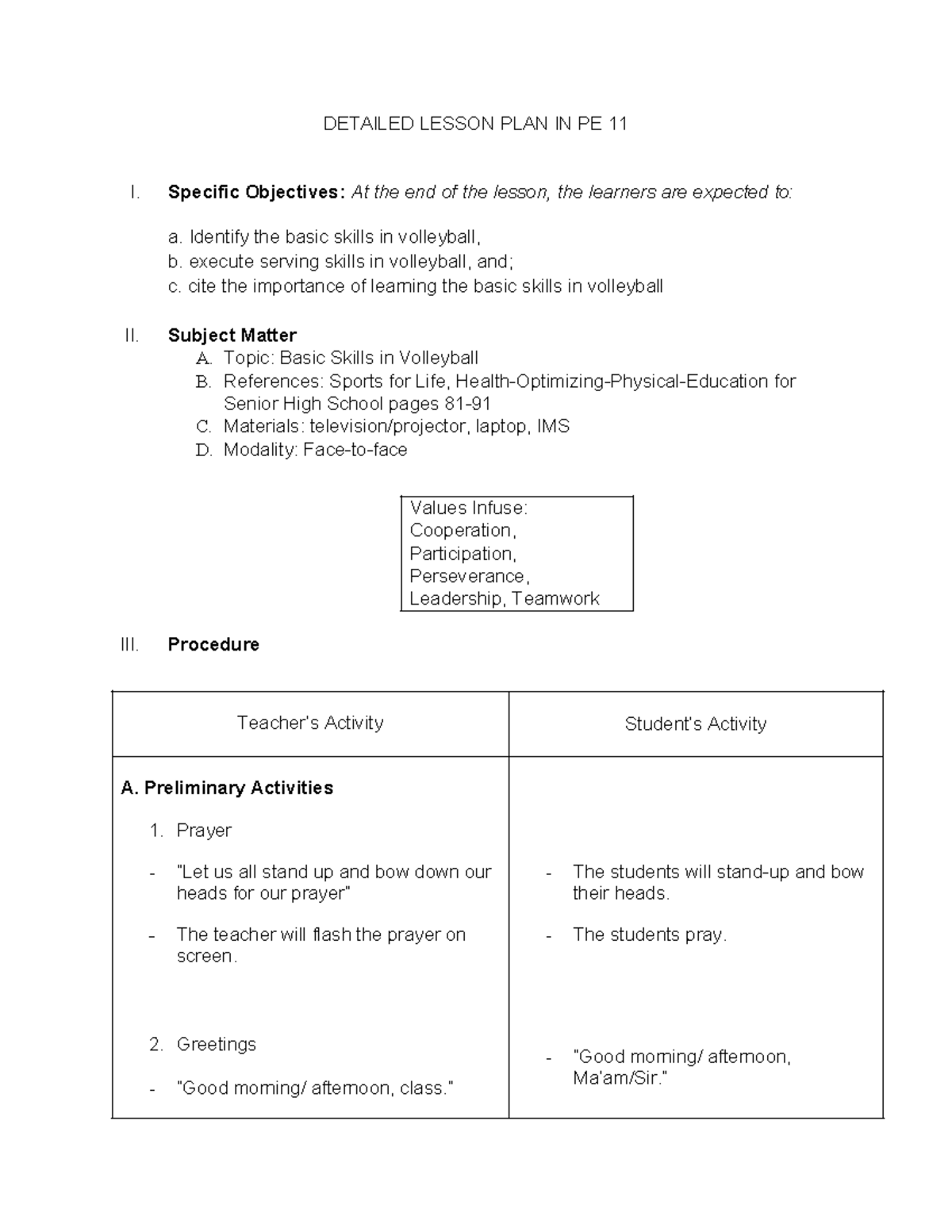 Detailed Lesson Plan on Basic Volleyball Skills in PE11 - Studocu