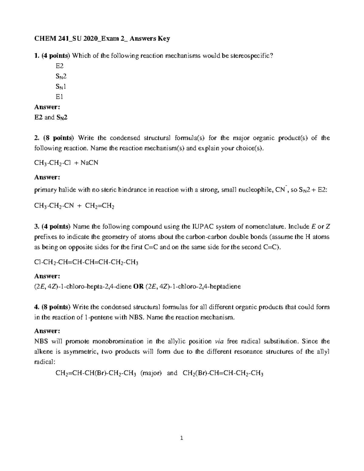 CHEM 241 Exam 2 w. Answers Key - CHEM 241_SU 2020_Exam 2_ Answers Key ...