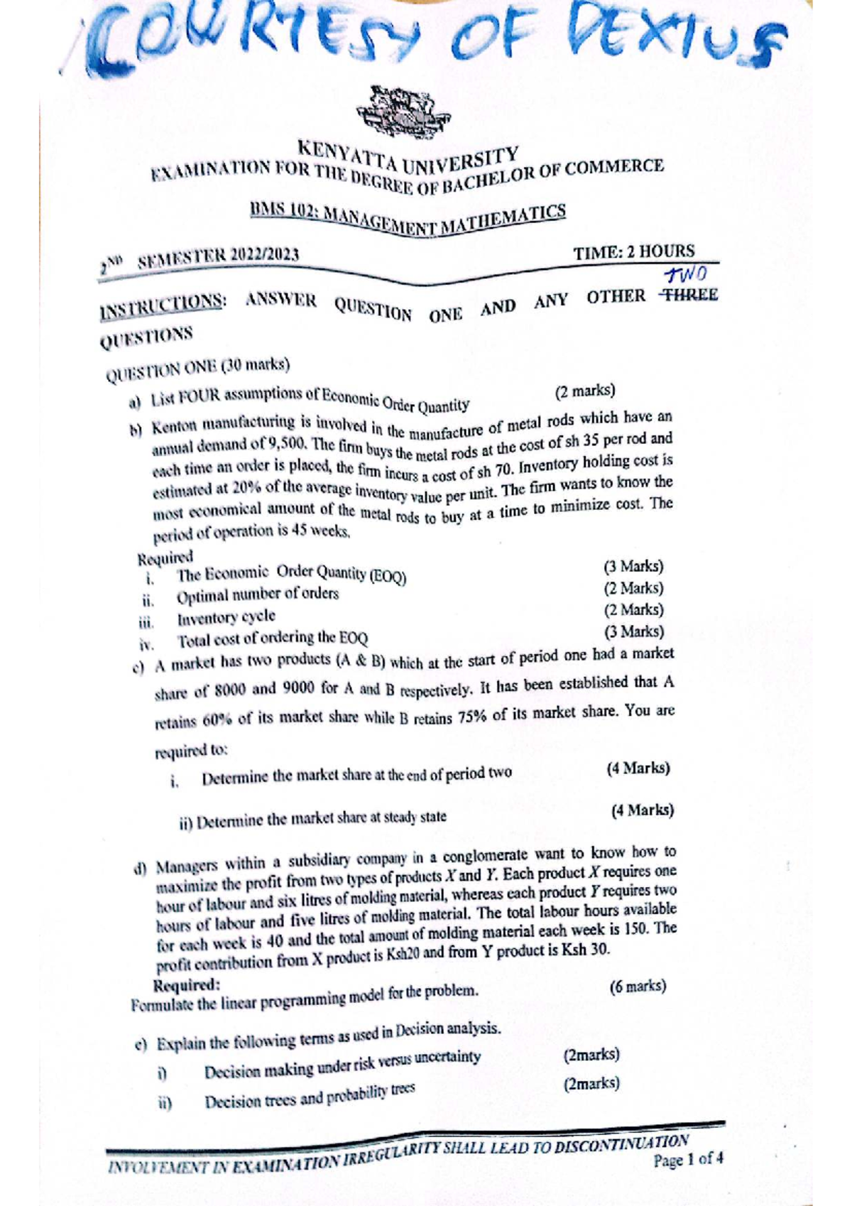 BMS 102: Management Mathematics Past Exam Paper Analysis - Studocu