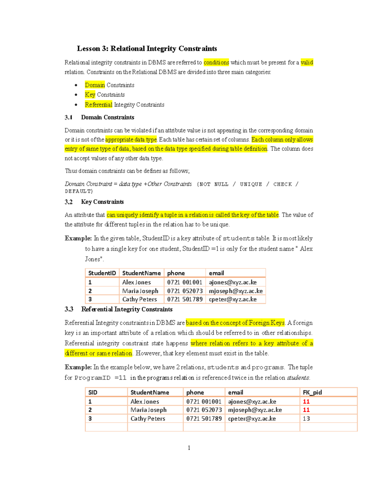 Lesson 03: Understanding Relational Integrity Constraints in DBMS - Studocu