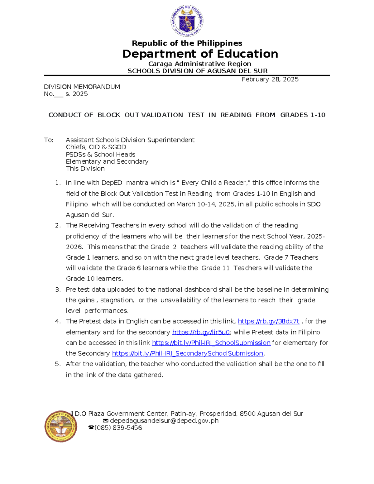Memo on Conduct of Block Out Validation Test in Reading (Grades 1-10 ...
