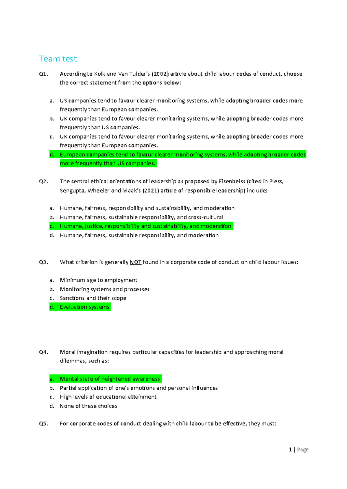A1B Team Test (Final) - A1B Team Test - Team test Q1. According to Kolk ...