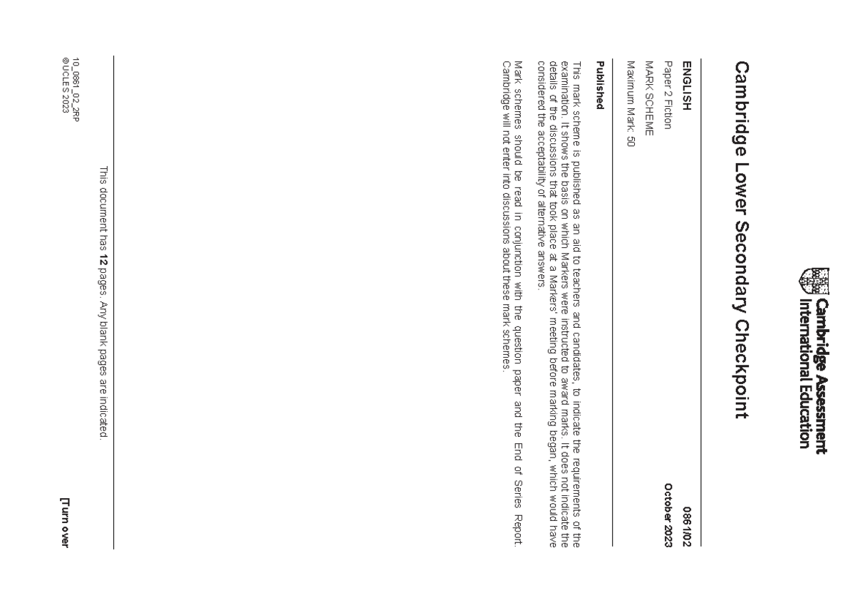 Checkpoint ENGLISH Paper 2 Fiction Mark Scheme - Oct 2023 - Studocu