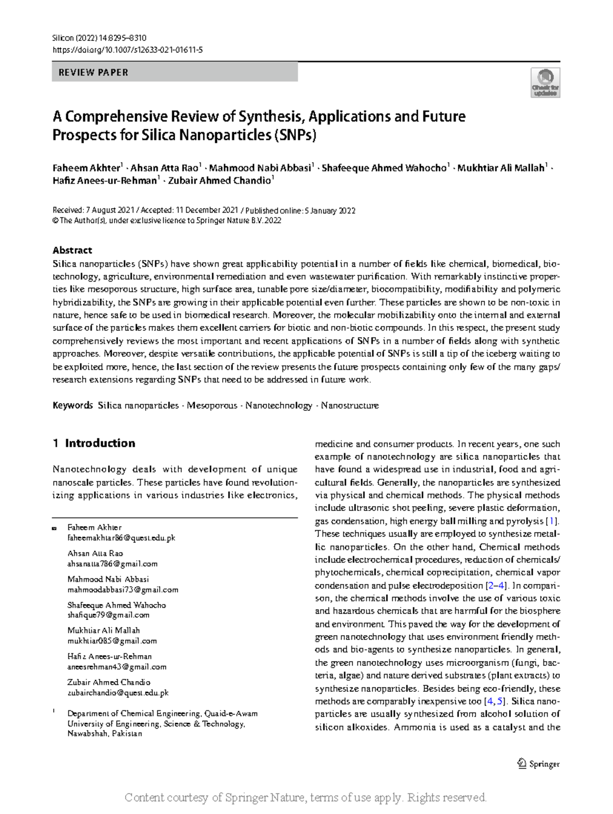 Silicon (2022) REVIEW PAPER: Synthesis, Applications & Future of Silica ...
