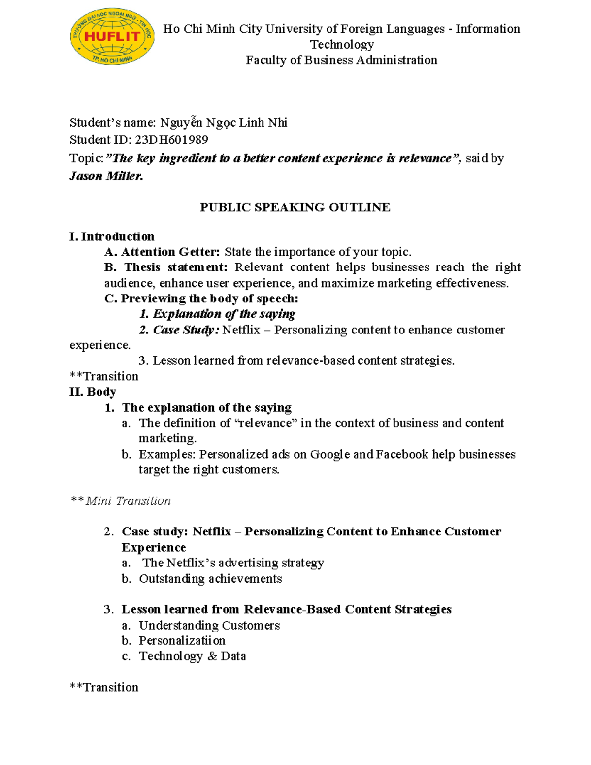 Outline Public Speaking topic 2 - Ho Chi Minh City University of ...