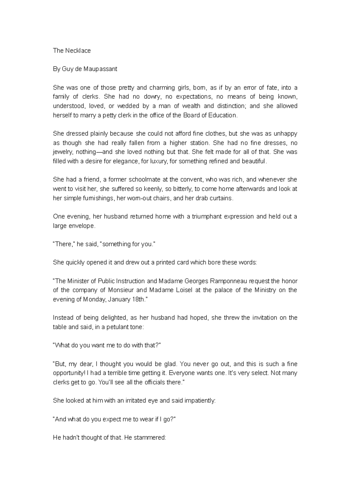 The Necklace (Practice Material) - Analysis & Discussion Questions ...