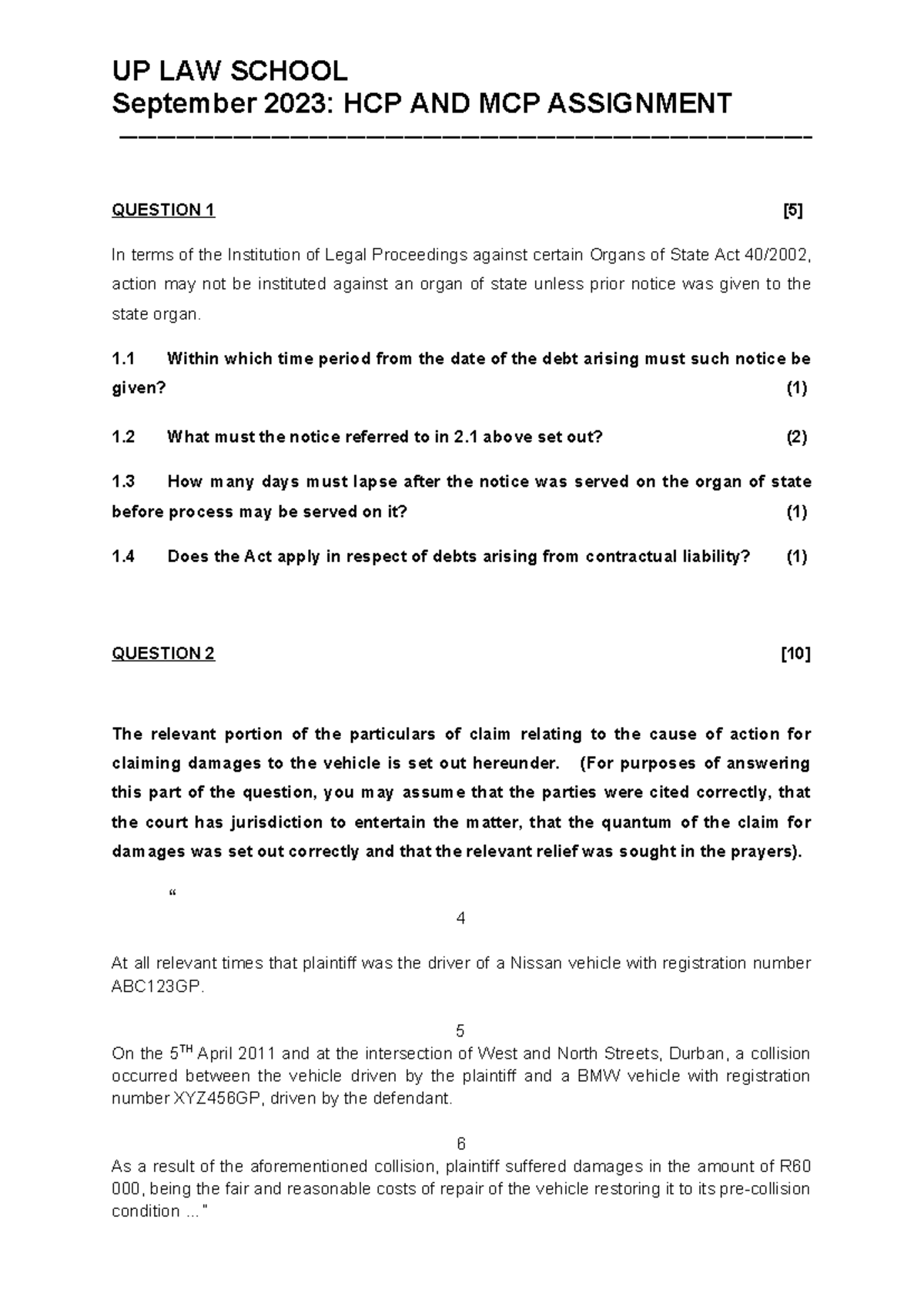 UP LAW School September 2023: HCP & MCP Assignment Questions and ...