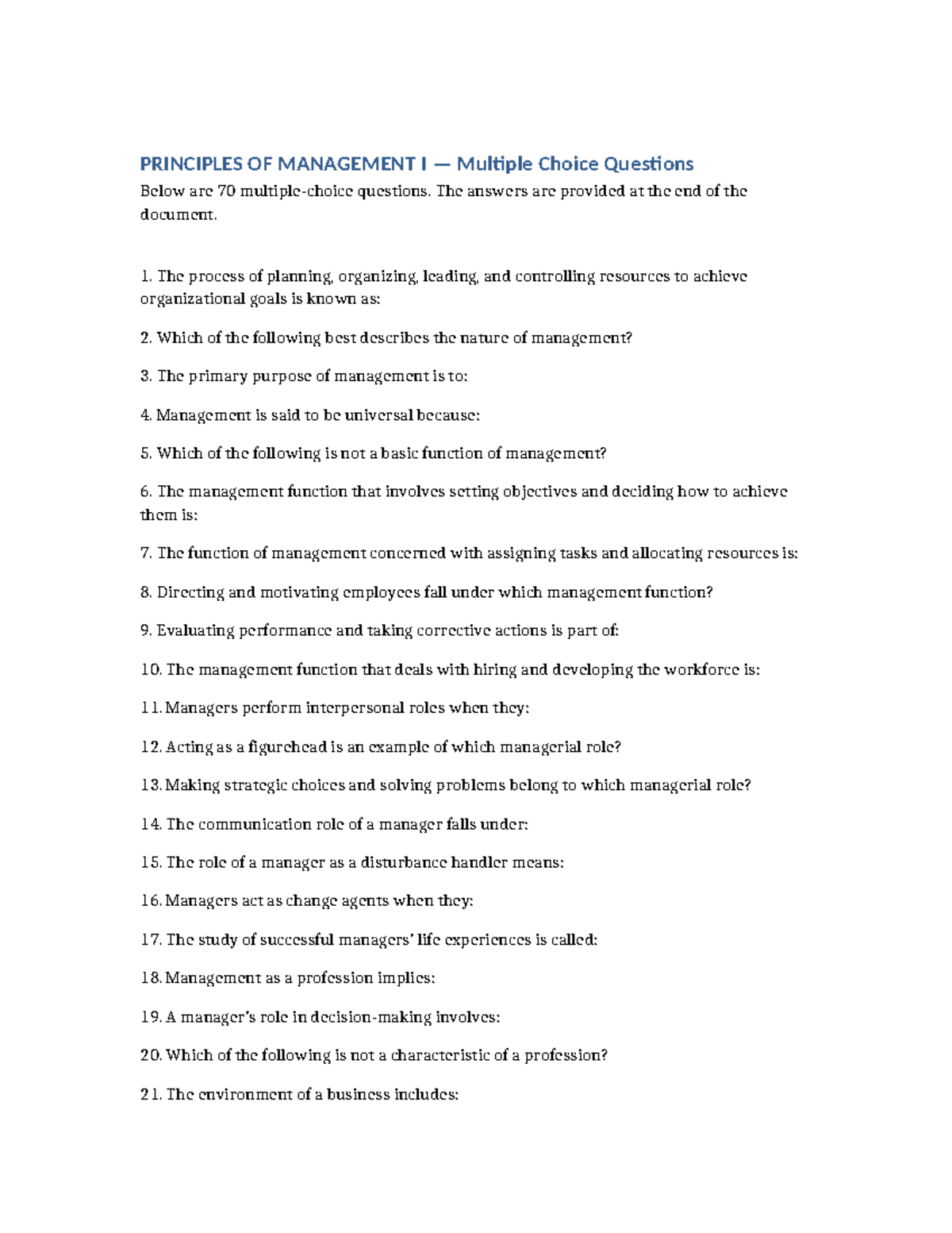 Principles of Management I: MCQs with Answers and Explanations - Studocu