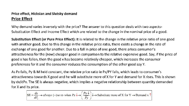 Price Effect, Hicksian & Slutsky Demand Notes (ECO 101) - Studocu