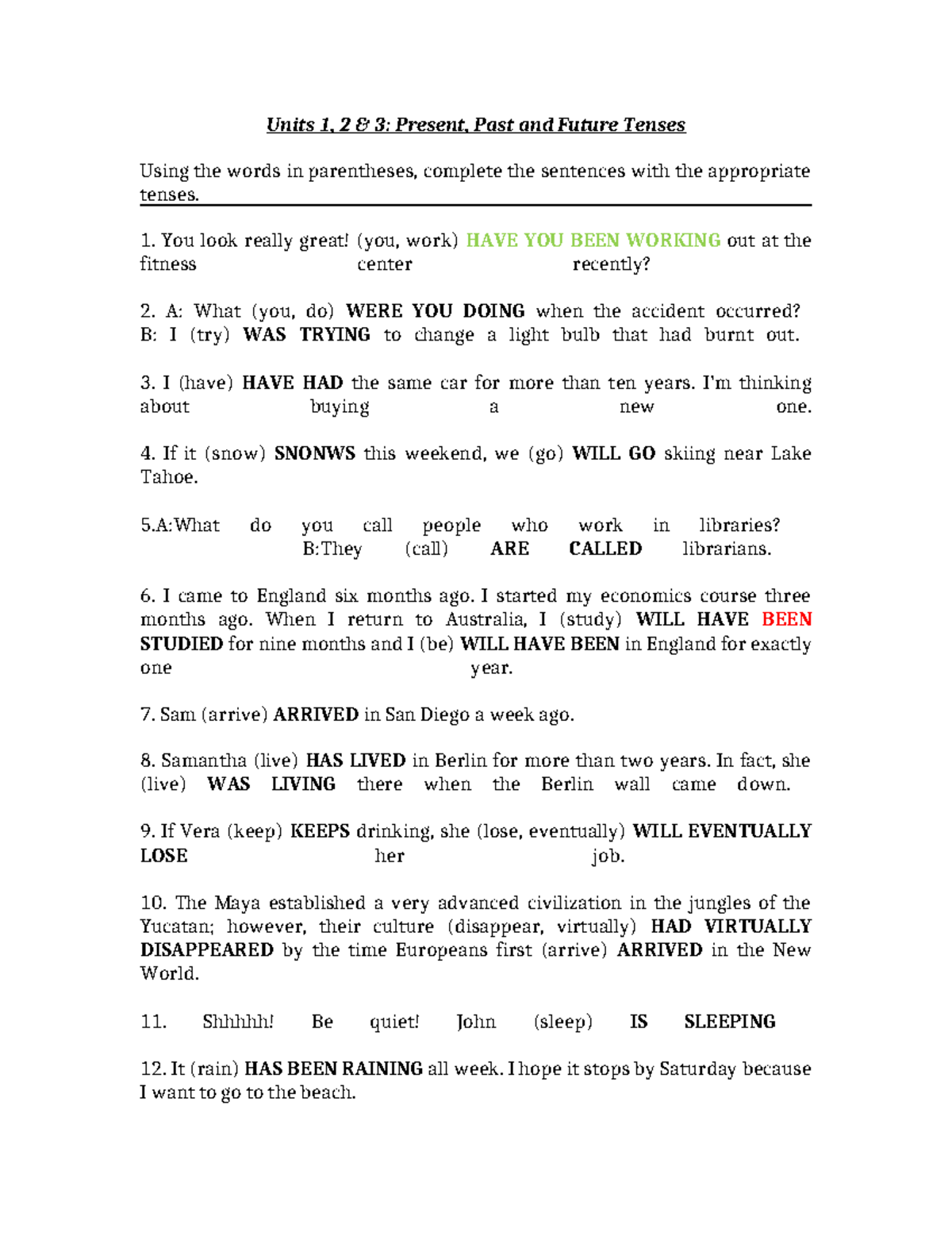 GRAMMAR practice - Units 1, 2 & 3: Present, Past and Future Tenses ...