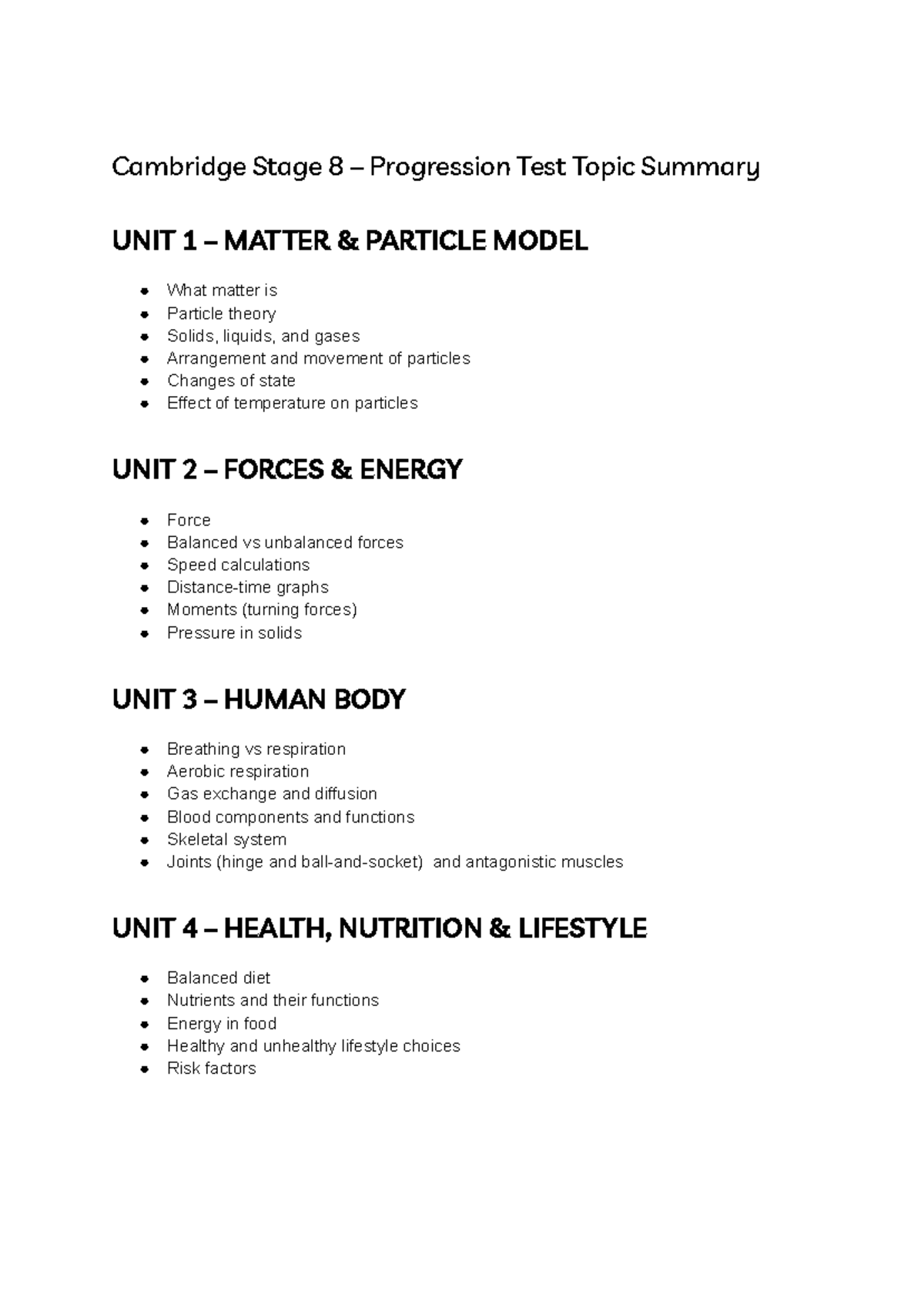 Cambridge Stage 8 Progression Test Topic Summary: Science Units ...