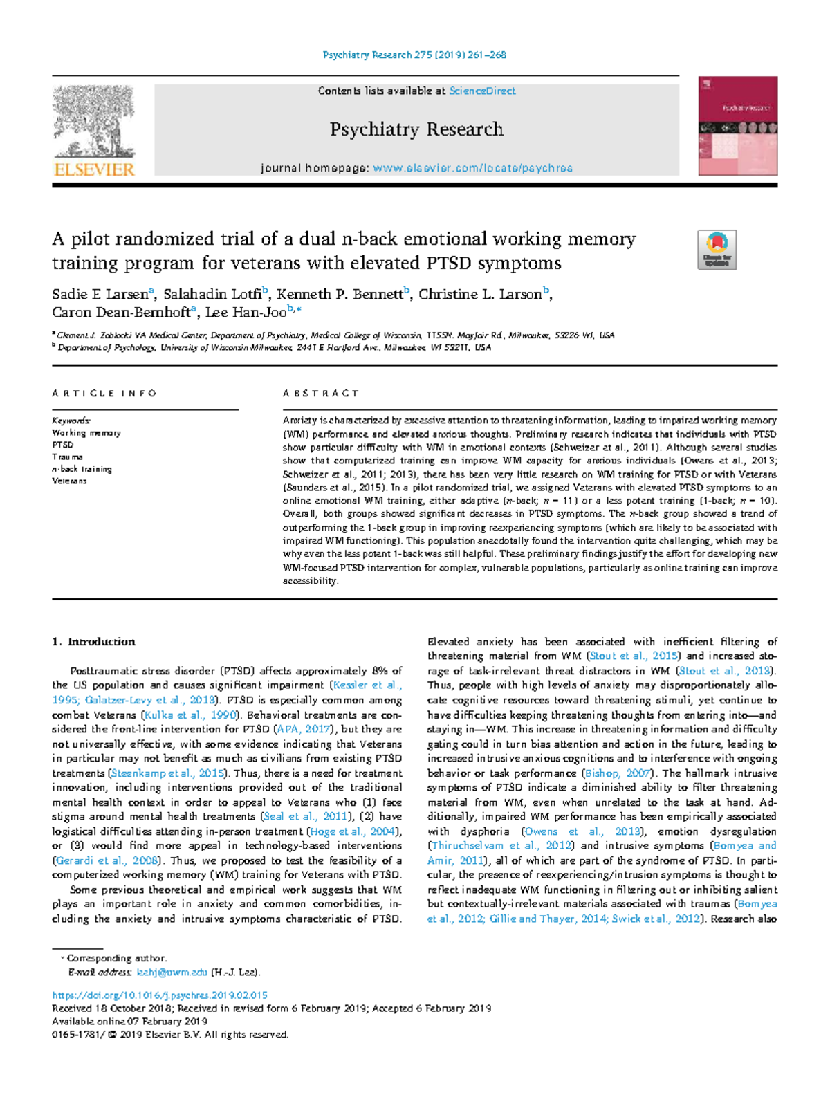 Pilot Study: Dual N-Back WM Training for Veterans with PTSD - Studocu