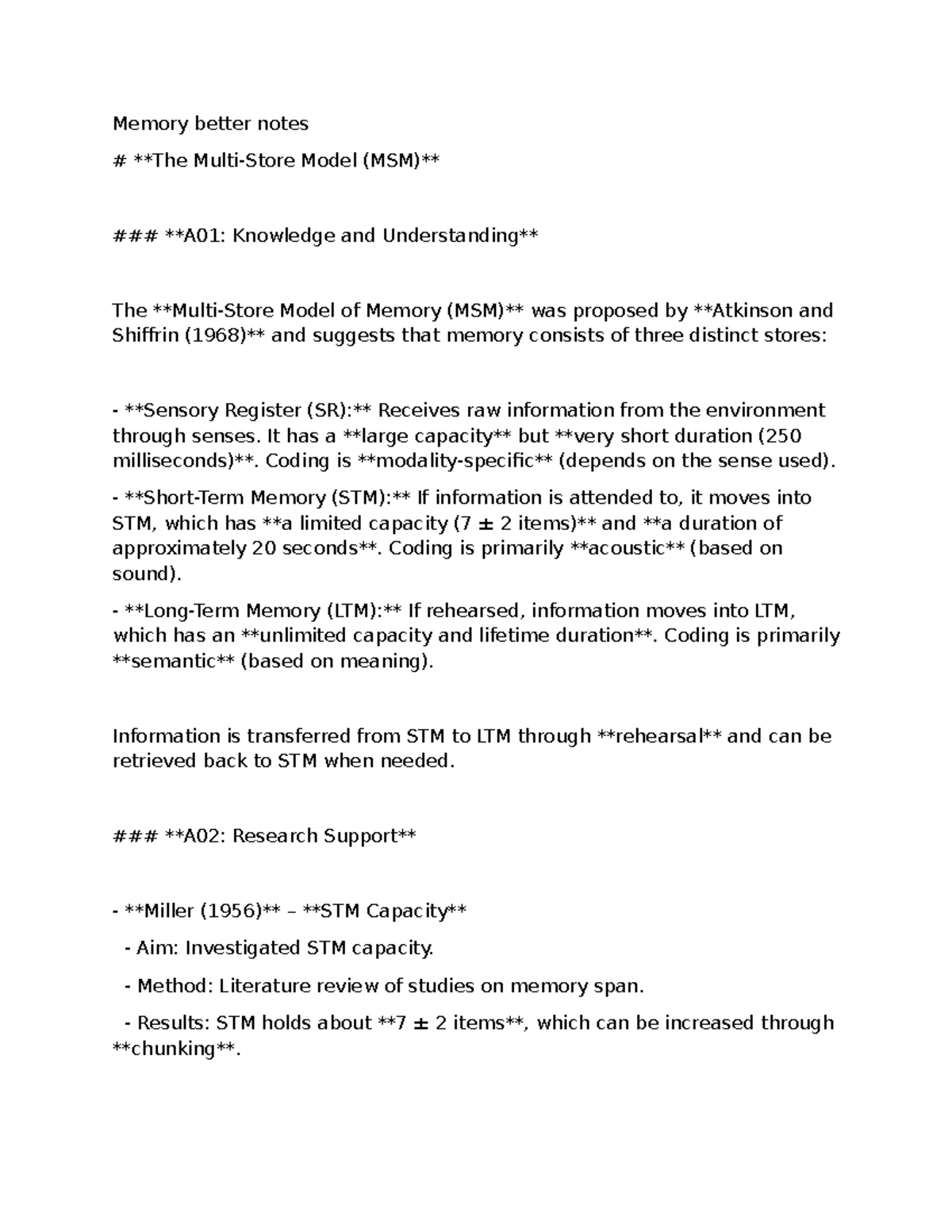 Better memory notes - Memory better notes The Multi-Store Model (MSM ...