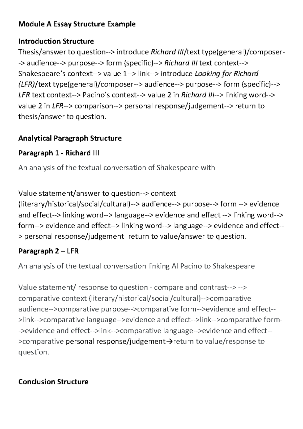 Module A Essay Structure Sample: Analyzing Richard & LFR Texts - Studocu