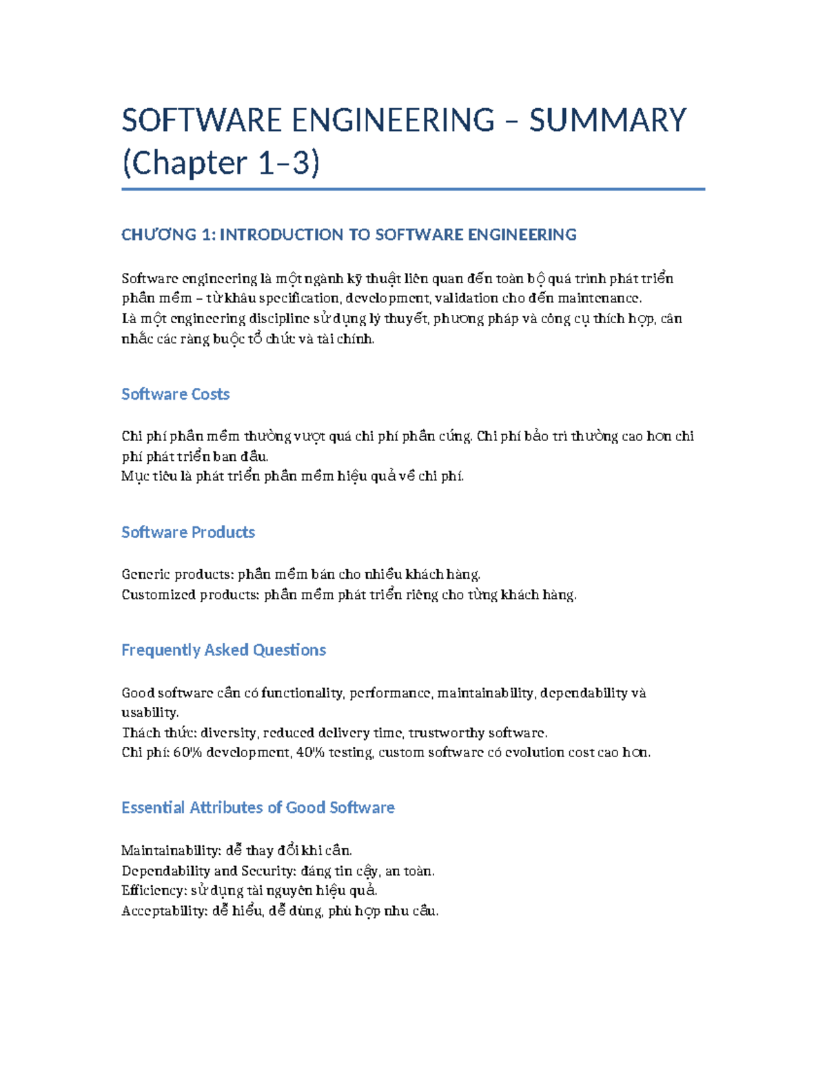 SOFTWARE ENGINEERING SUMMARY (Chapters 1-3) - Studocu
