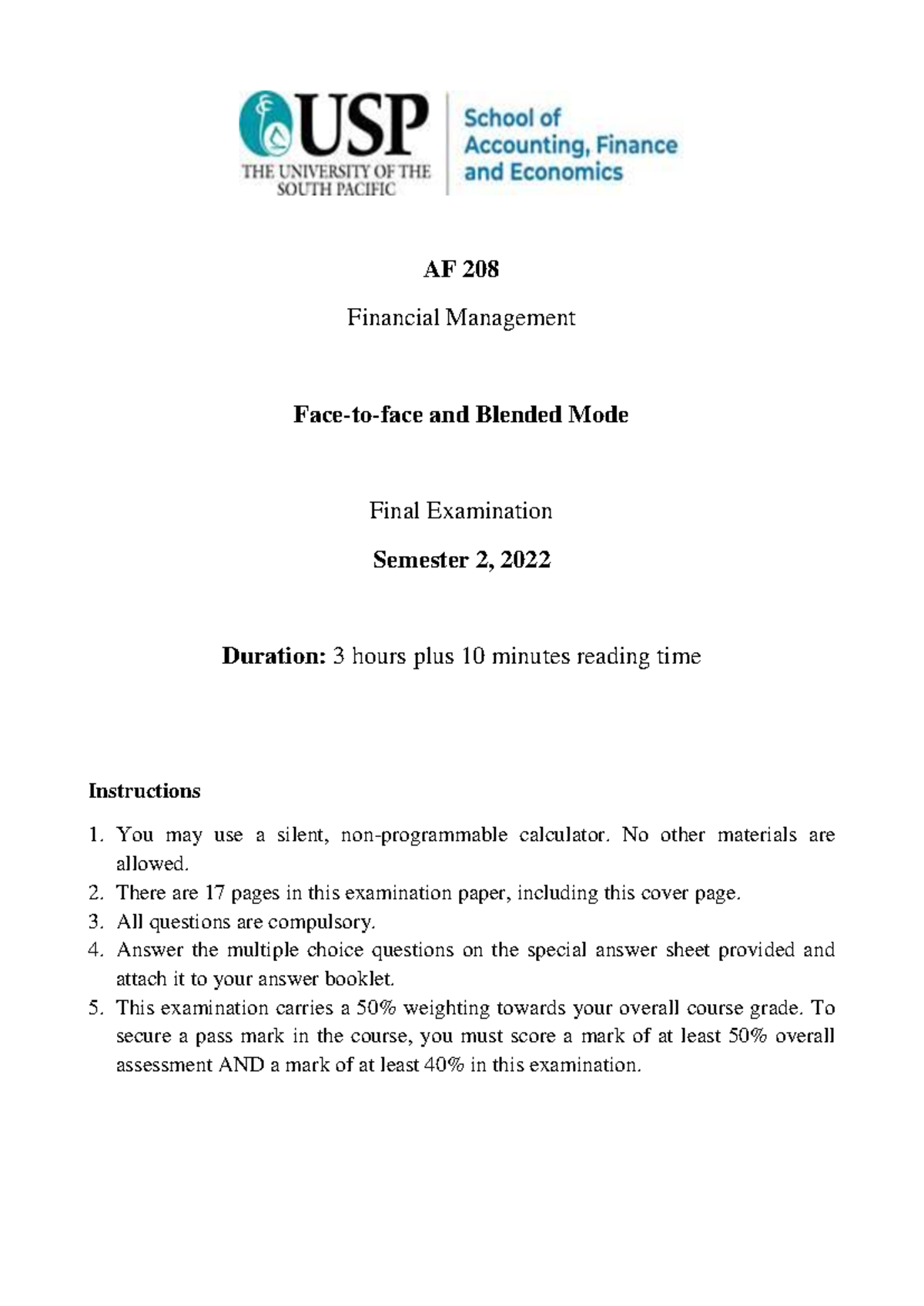 AF208 Financial Management Final Exam Questions & Solutions 202203 ...