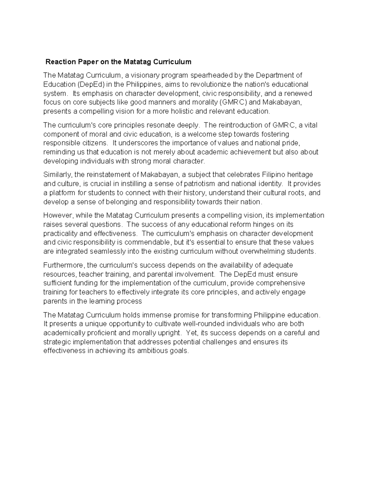 A Reaction Paper on the Matatag Curriculum - Reaction Paper on the ...