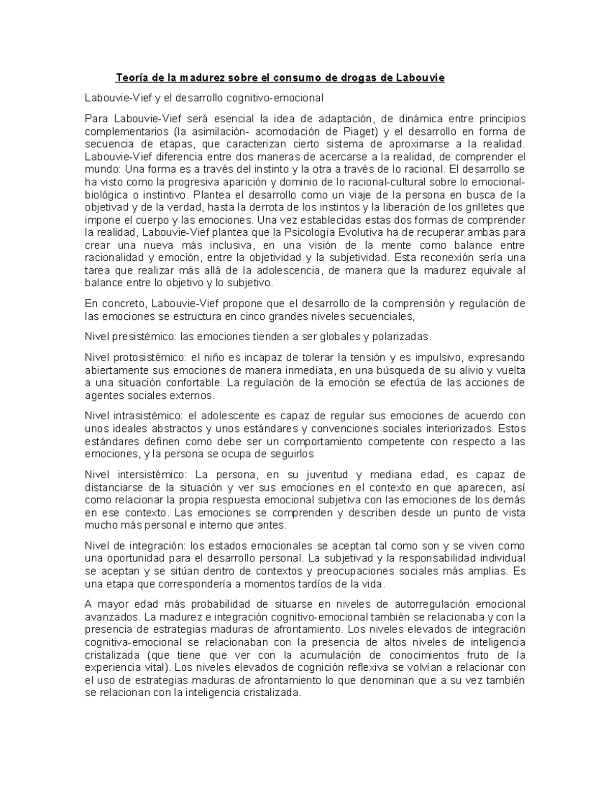 Labouvie resumen - asignatura salud mental - Teoría de la madurez sobre ...