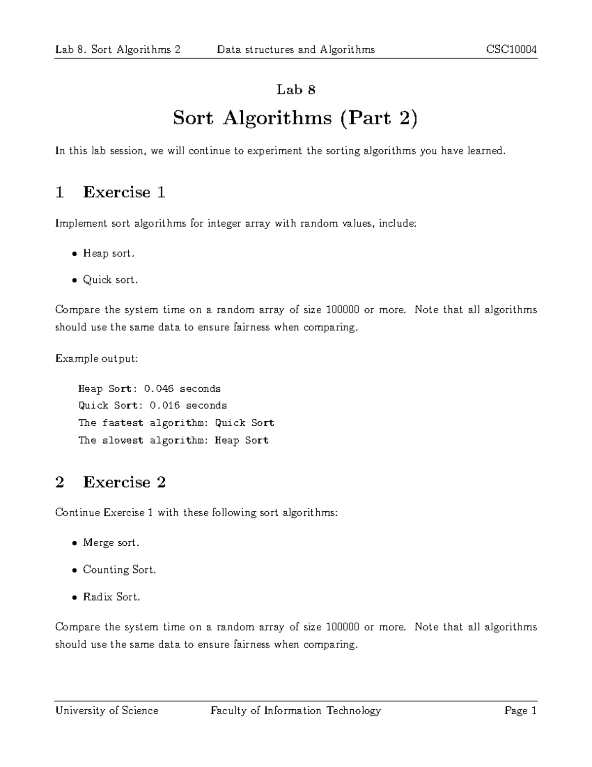 Lab 8 - BT DSA - Lab 8. Sort Algorithms 2 Data structures and Algorithms CSC Lab 8 Sort ...