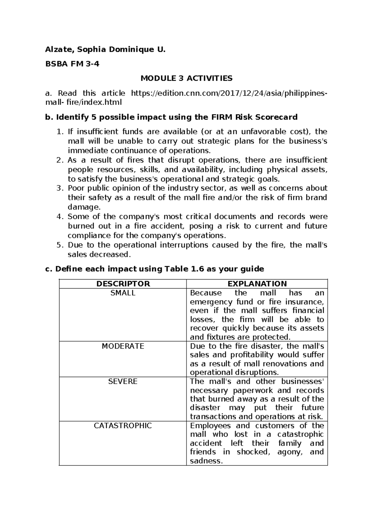 BSBA FM 3 - RISK Management Module 3 Activities and Impacts Analysis ...