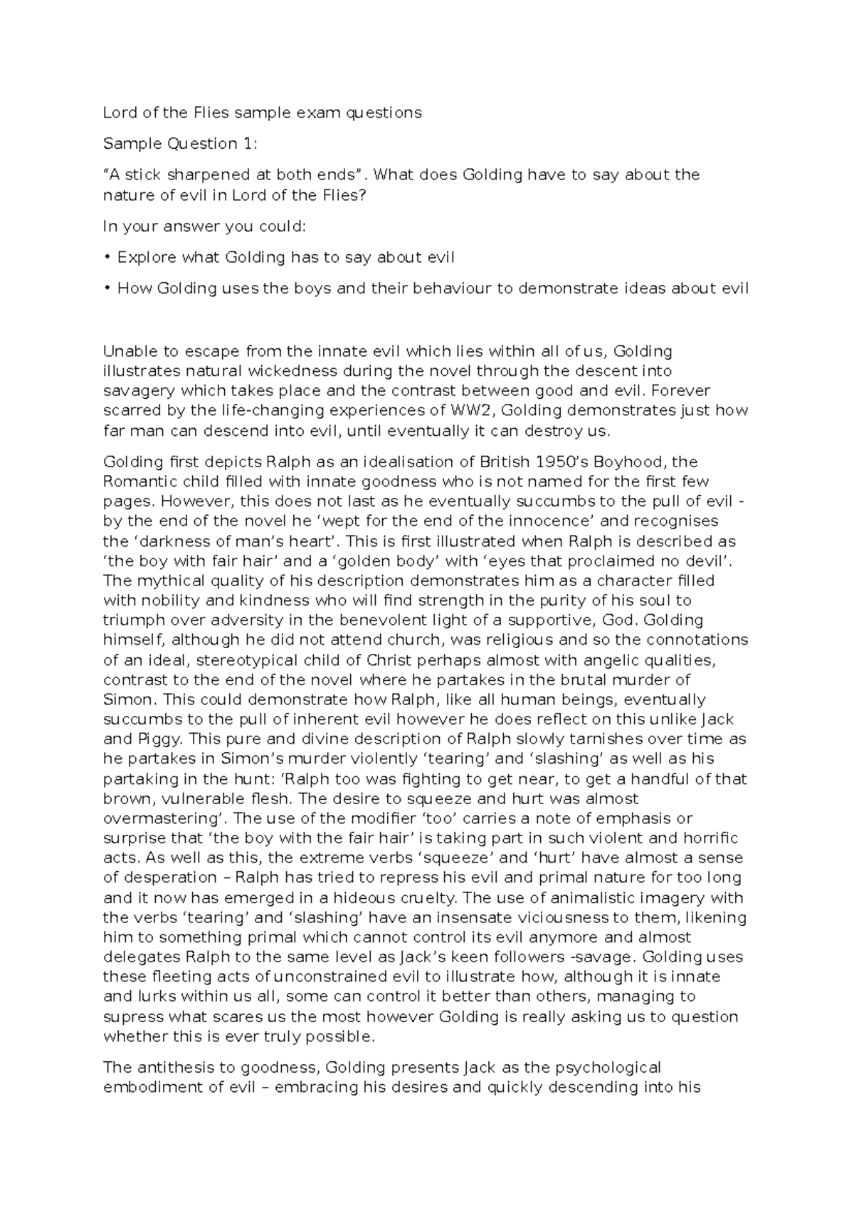 Lord of the Flies (ENG 101) Final Exam: Exploring the Nature of Evil ...