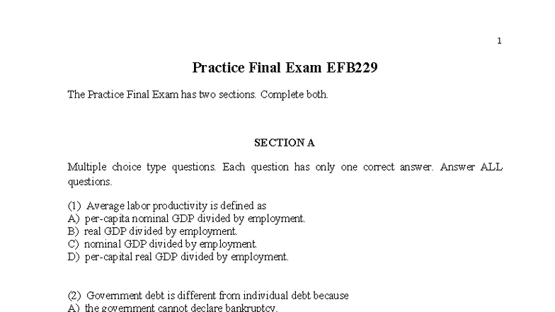 EFB229 Practice Final Exam Review S2 2022 - Studocu