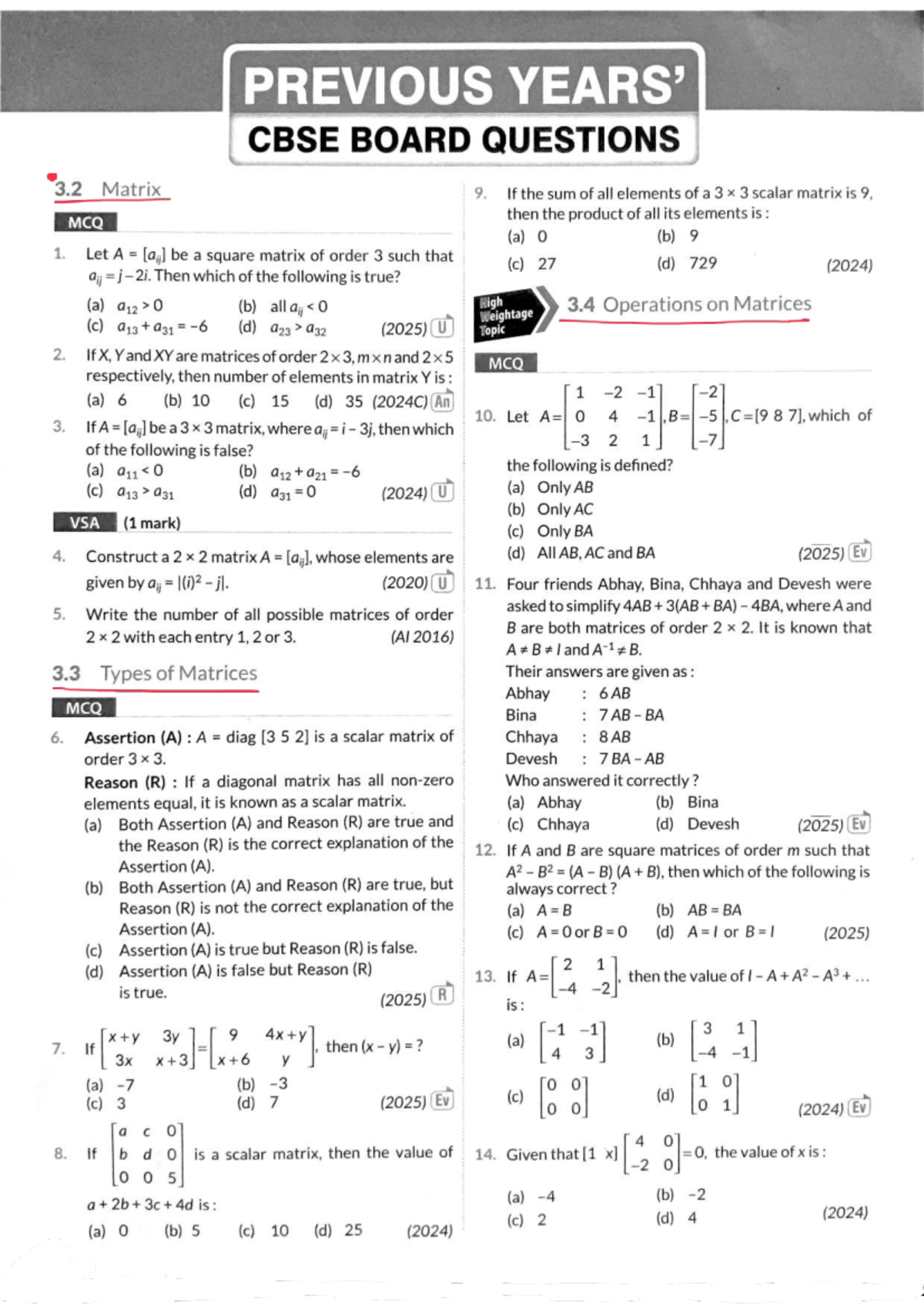 PYQ Matrices: CBSE Board Questions & MCQs (2024) - Studocu