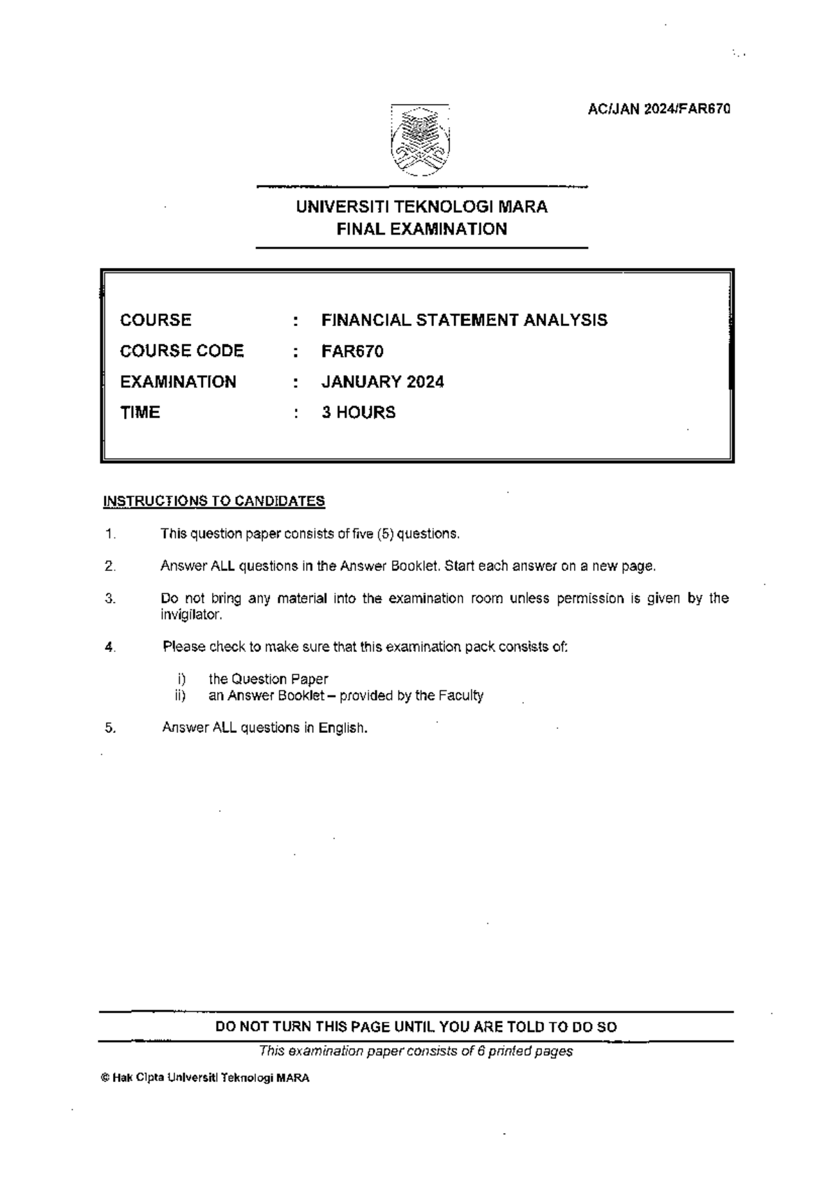 FAR670 FINAL EXAMINATION JAN 2024 - FINANCIAL STATEMENT ANALYSIS - Studocu