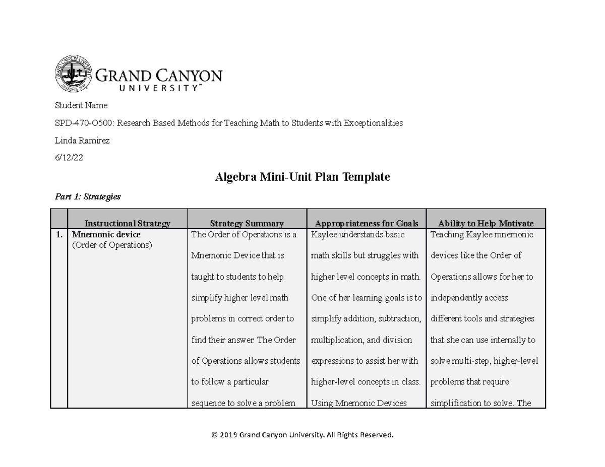 GCU SPD-470-O500 Week 7 Assignment - Algebra Mini-Unit Plan for 7th ...