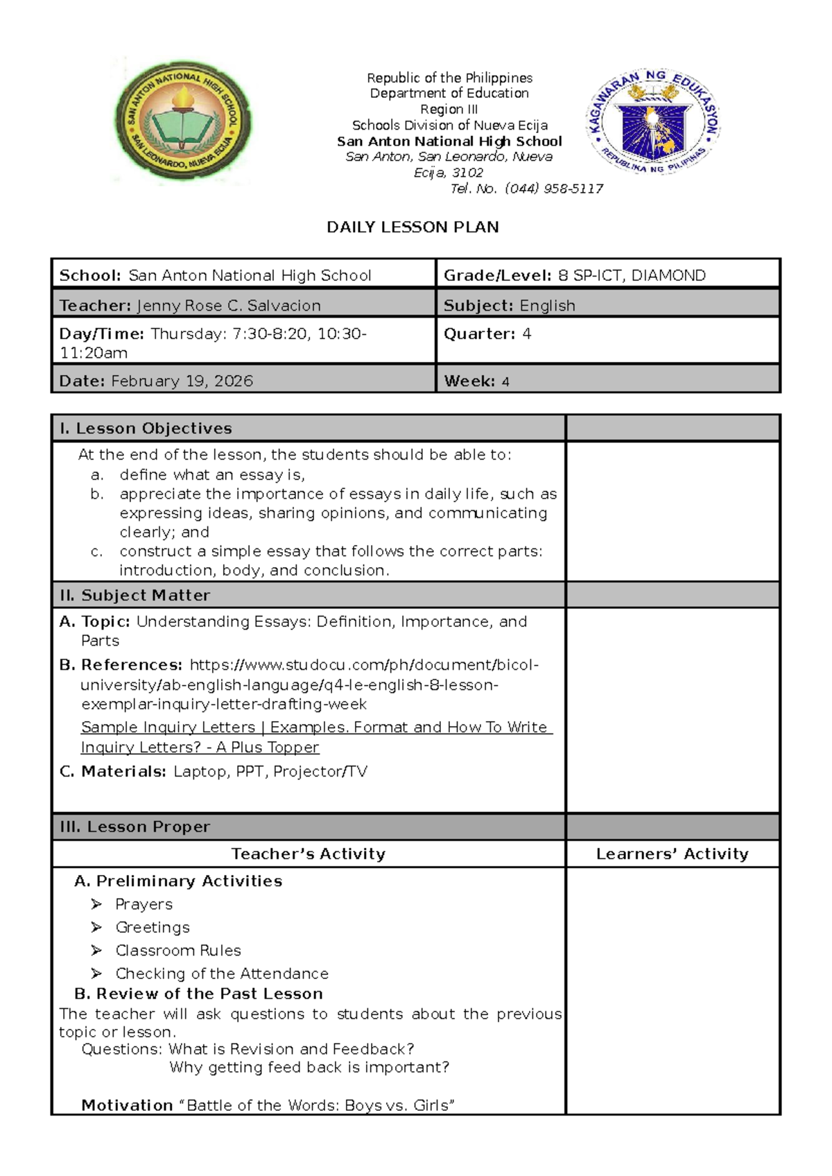 Daily Lesson Plan: Understanding Essays - 8 DIAMOND, Week 4 - Studocu