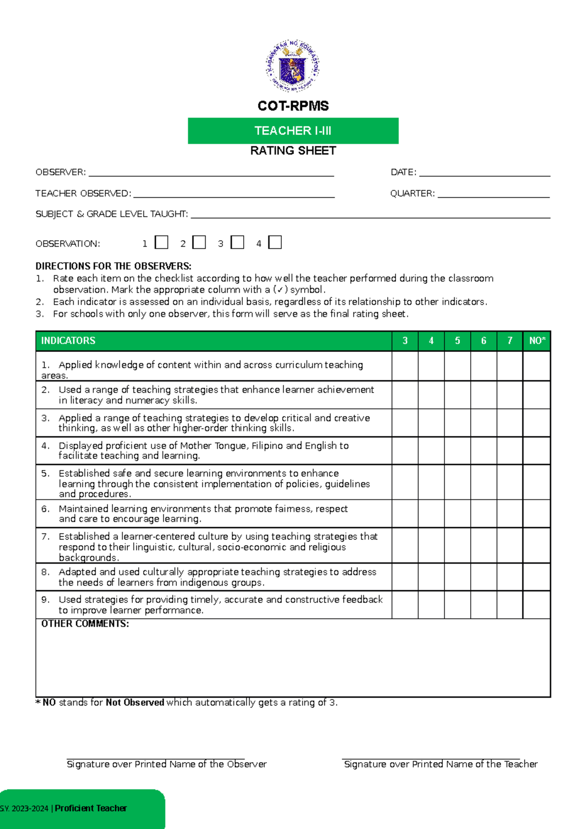Classroom Observation Tool - COT-RPMS RATING SHEET OBSERVER: DATE: TEACHER OBSERVED: QUARTER ...