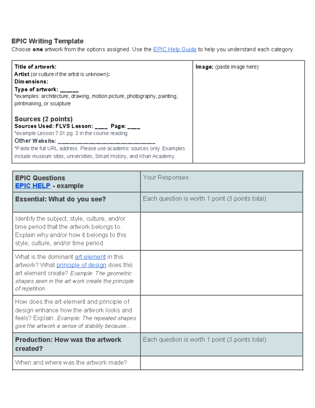 EPIC 1.03 Worksheet - ..... - EPIC Writing Template Choose one artwork ...