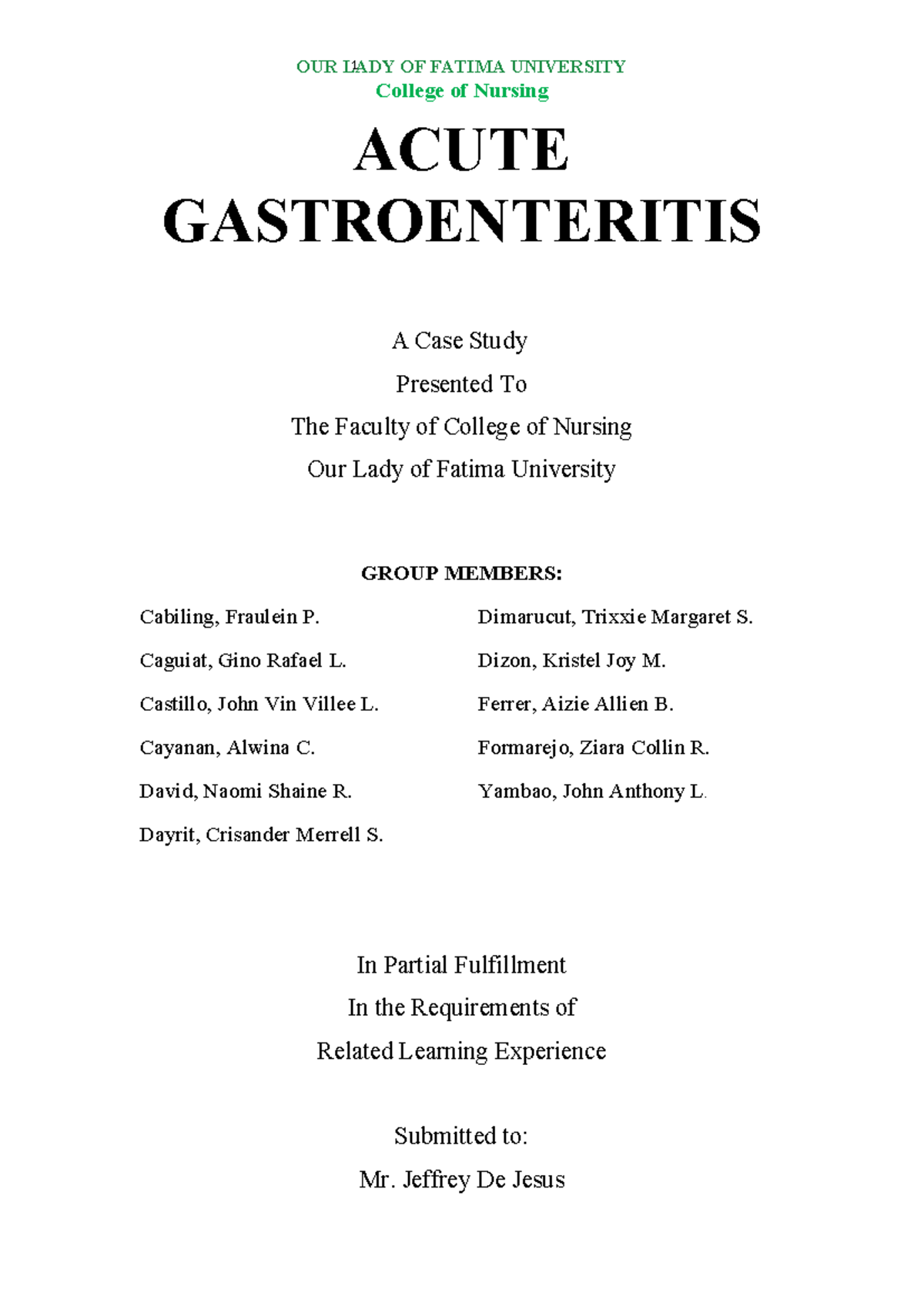 ACN 101: Acute Gastroenteritis Case Study - Nursing Insights and ...