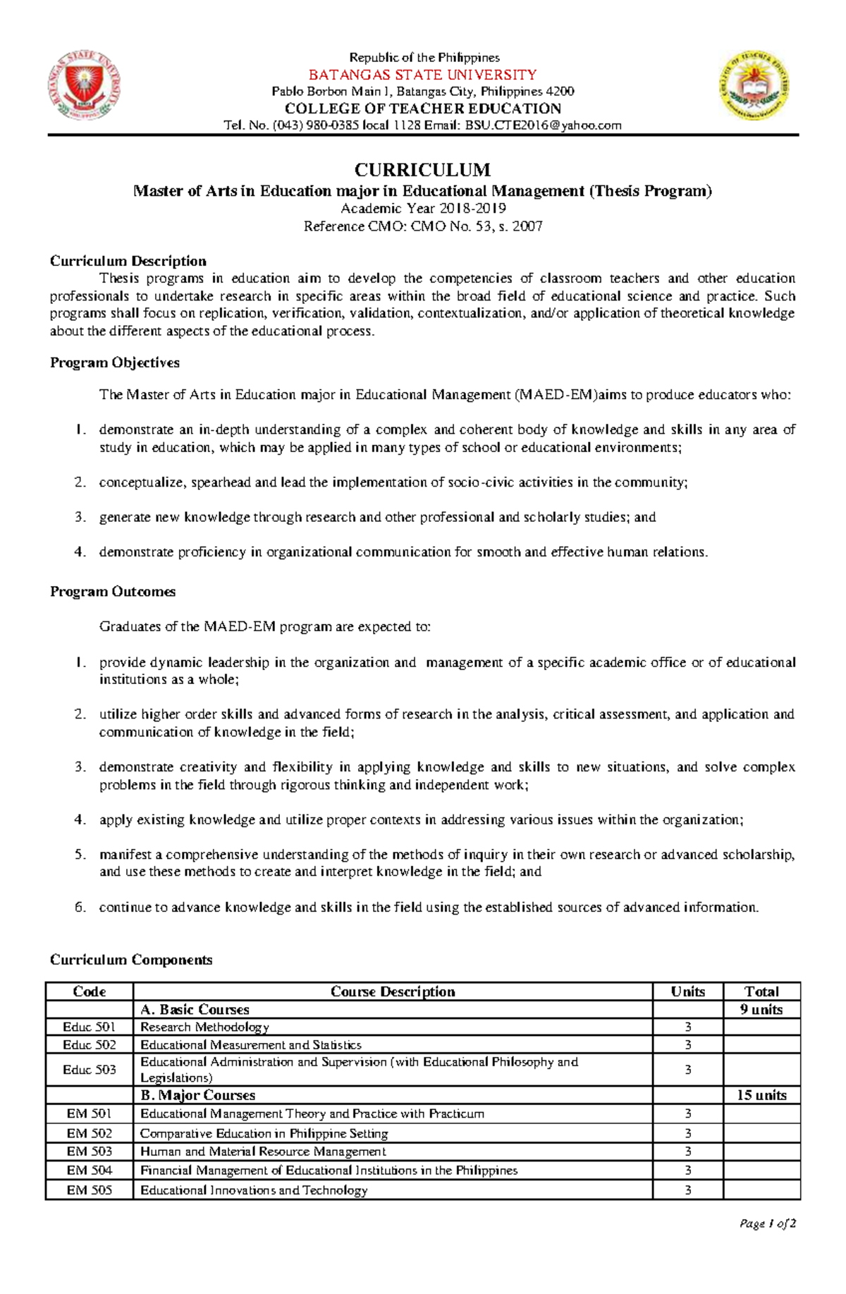 Master of Arts in Education (MAED-EM) Thesis Program Curriculum ...