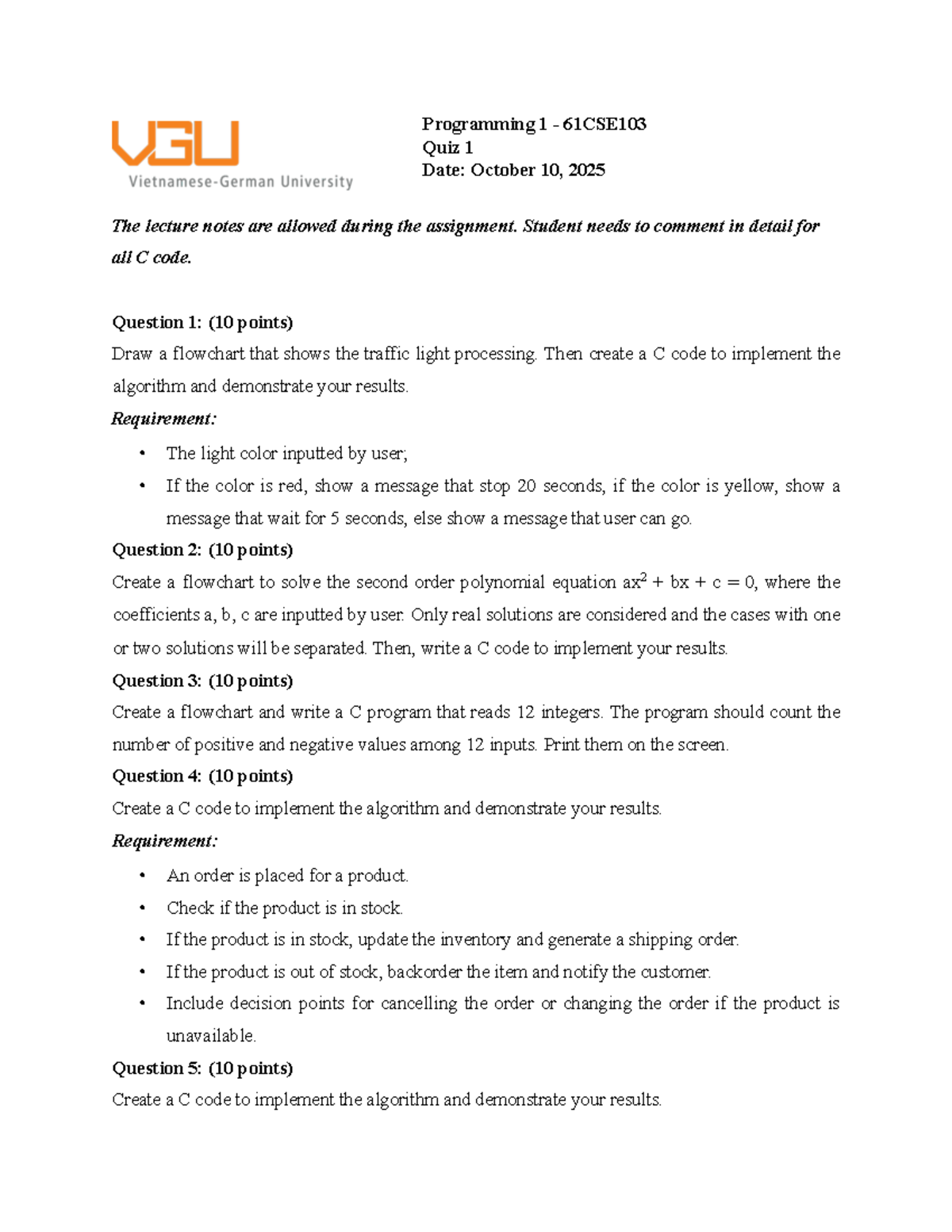 Programming 1 61CSE103 Quiz 1 - Flowcharts & C Code Challenges - Studocu