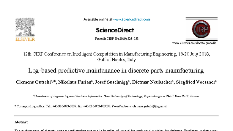 Log-Based Predictive Maintenance in Discrete Parts Manufacturing - Studocu