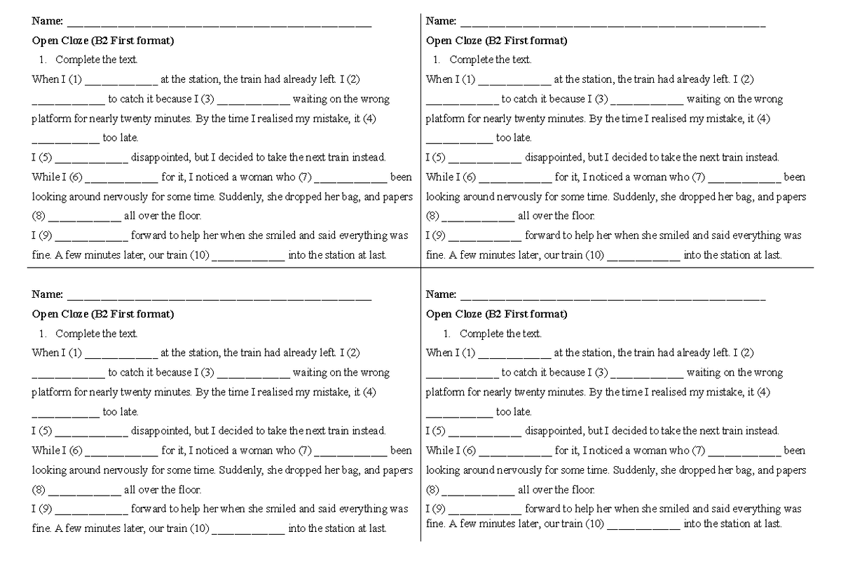 Quiz 9TH - Open Cloze Exercise (B2 First Format) - Studocu