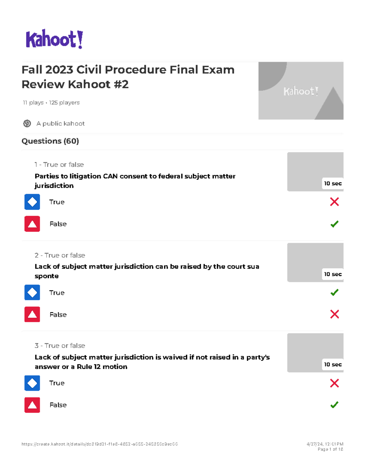 Fall 2023 Civil Procedure Final Exam Review Kahoot #2 - Questions ...