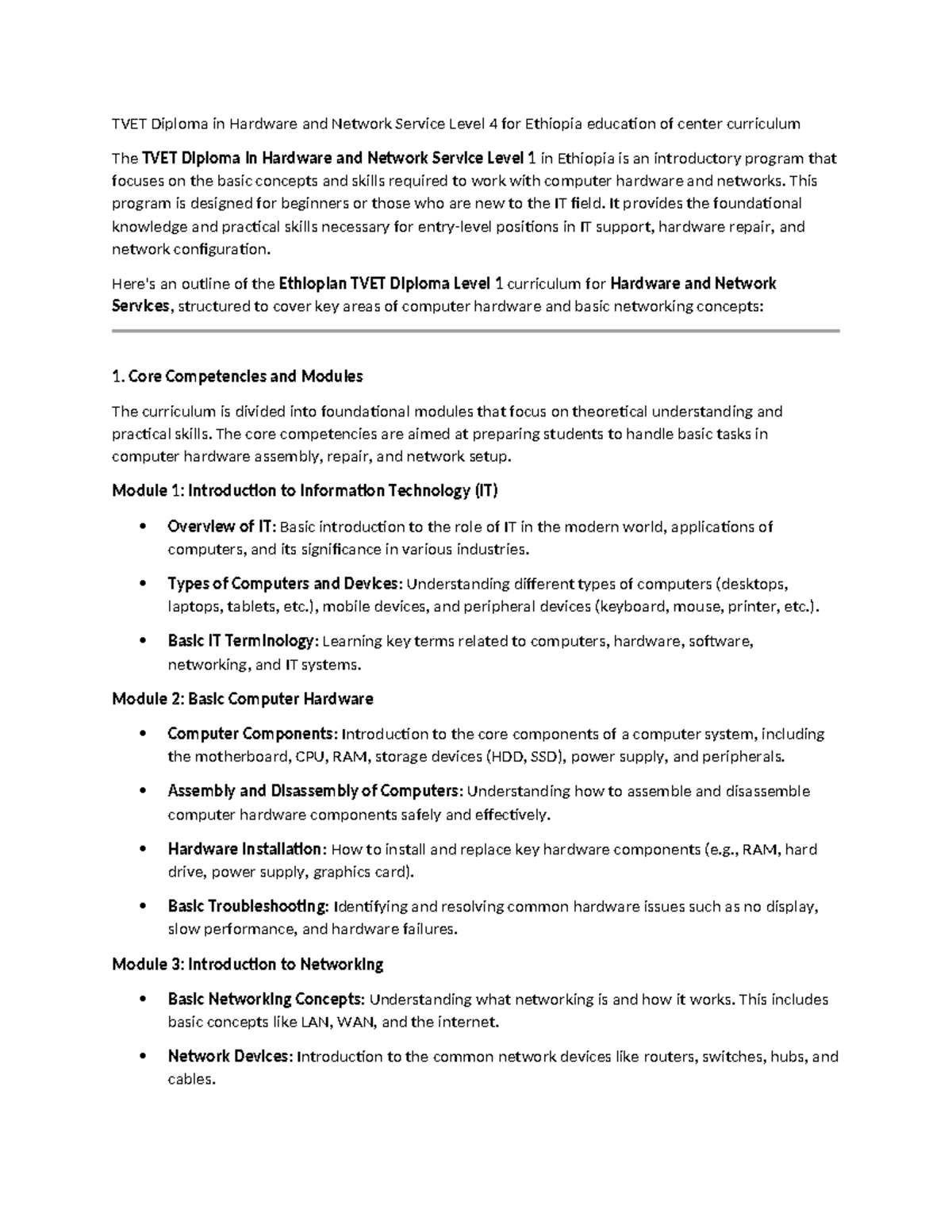 TVET Diploma in Hardware & Network Service Level 4 Curriculum for Ethiopia - Studocu