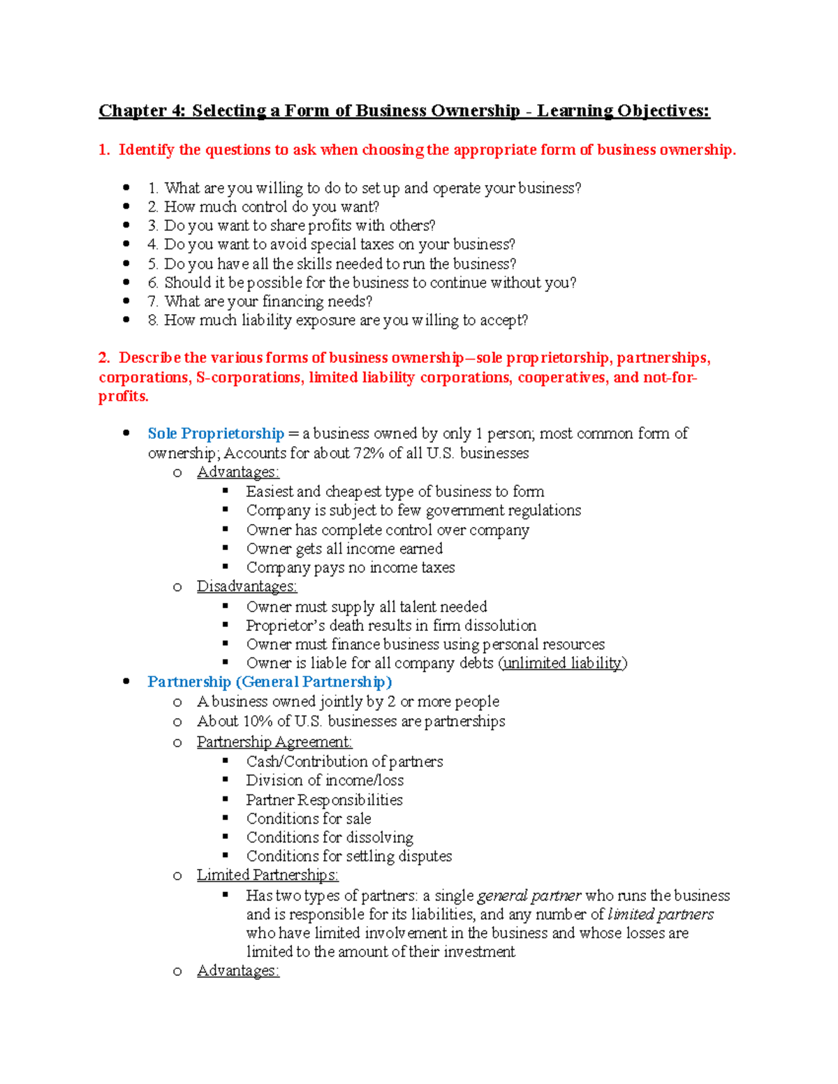Chapter 4 - Business Ownership Forms: Key Insights & Notes - Studocu