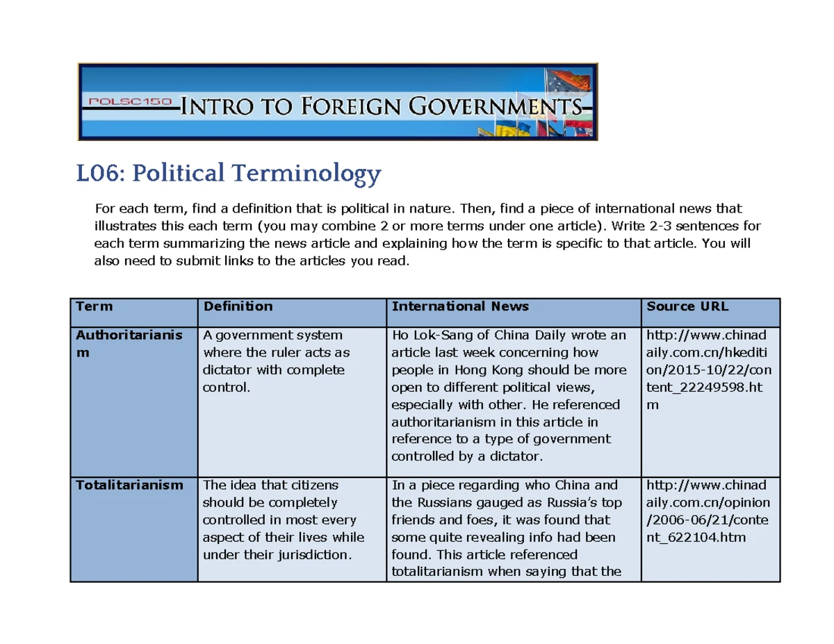 L05 Political Terminology - Then, find a piece of international news ...