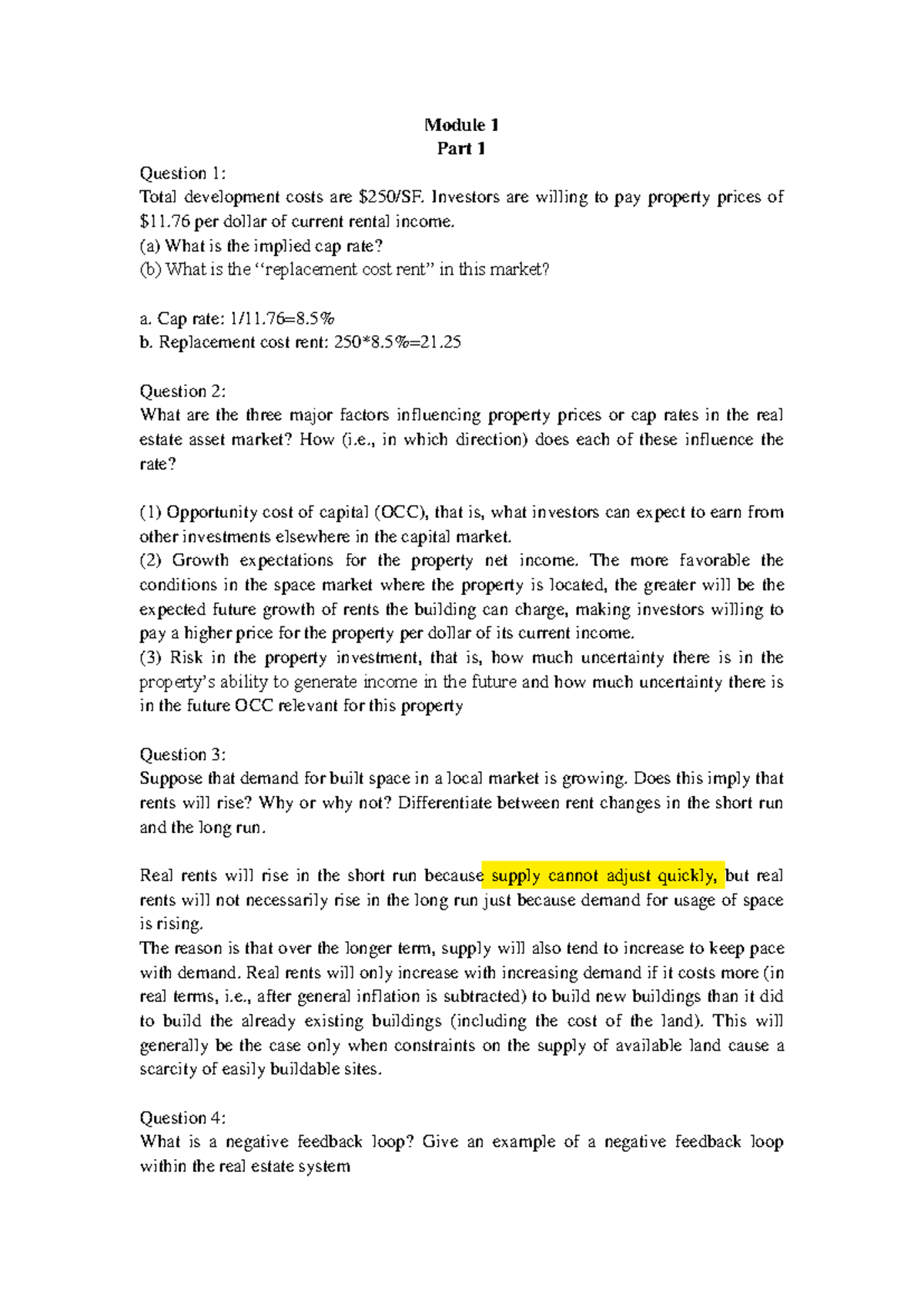 Tutorial 1 Part 1 Answers for Real Estate Economics (Course Code ...